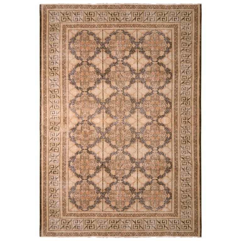 1960s Midcentury Vintage Rug Brown Distressed Geometric Pattern by Rug ...