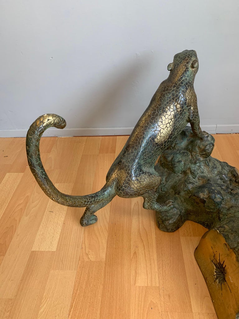 1960s Midcentury Coffee Table w. Glass Top and Pair of Bronze Leopard ...