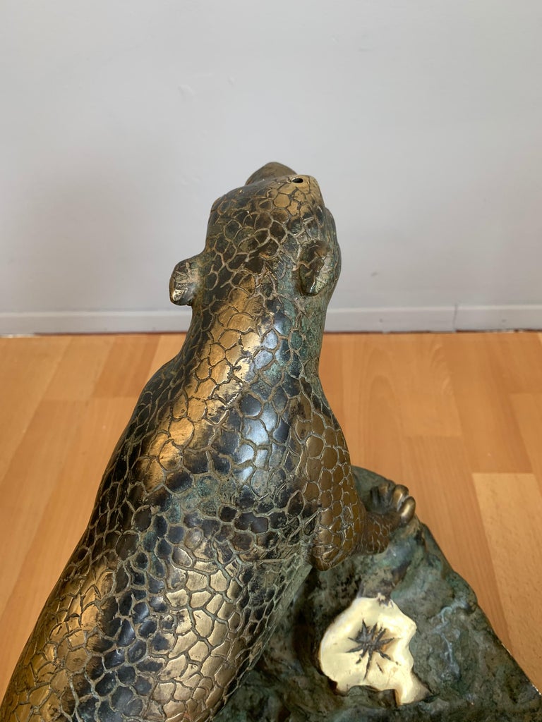 1960s Midcentury Coffee Table w. Glass Top and Pair of Bronze Leopard ...