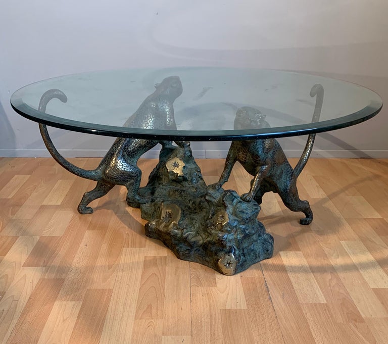 1960s Midcentury Coffee Table w. Glass Top and Pair of Bronze Leopard ...
