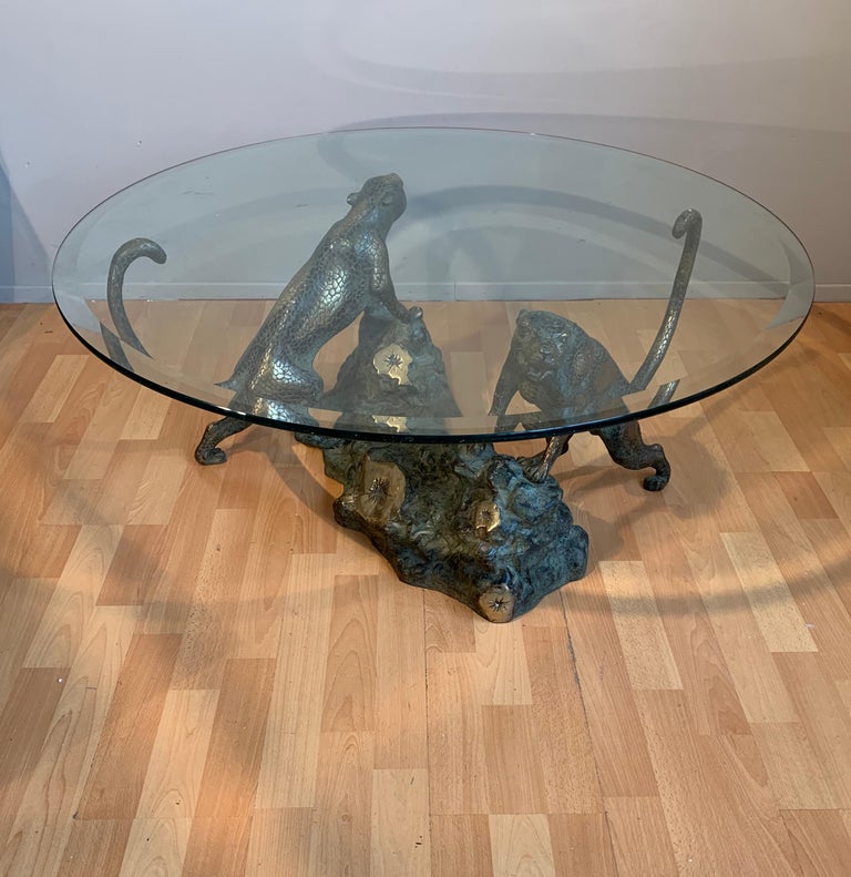 1960s Midcentury Coffee Table w. Glass Top and Pair of Bronze Leopard ...