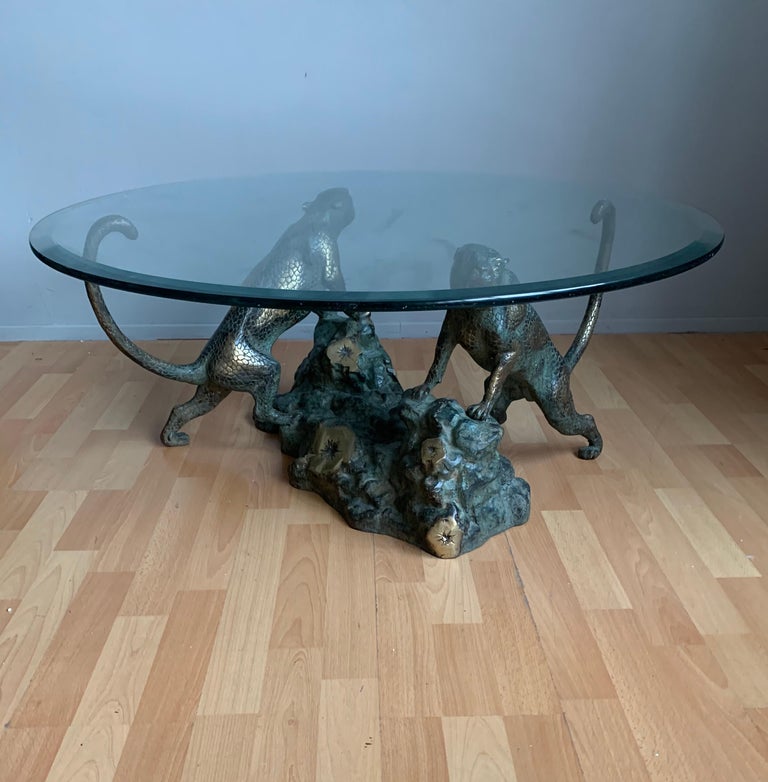 1960s Midcentury Coffee Table w. Glass Top and Pair of Bronze Leopard ...