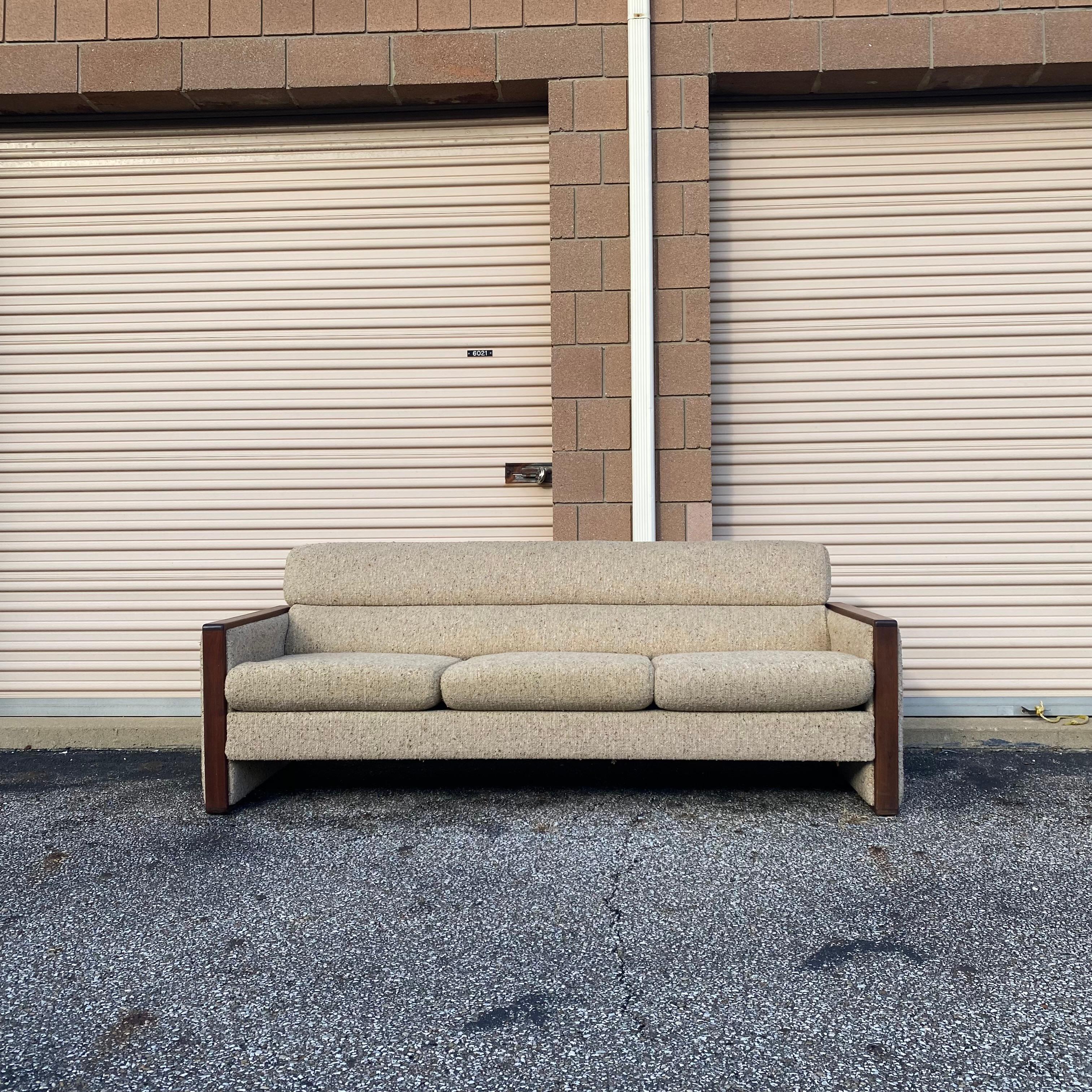 1960s Mid-Century Modern Three-Seat Walnut Case Sofa in Nubby Oatmeal ...