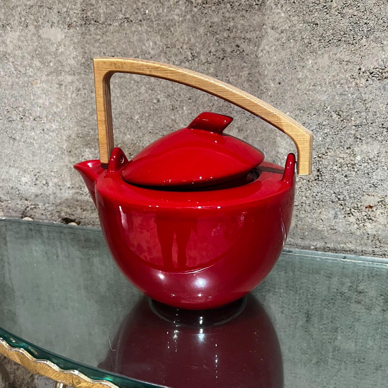 1960s Modern Bauhaus Red Tea Pot Ceramic Sculptural Wood Handle For ...