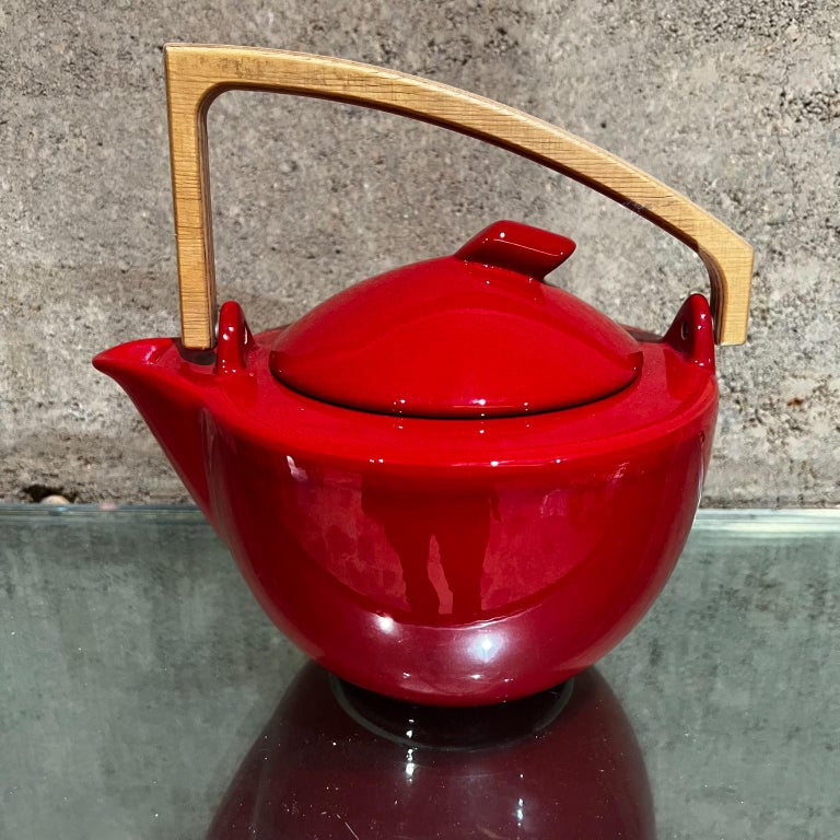 1960s Modern Bauhaus Red Tea Pot Ceramic Sculptural Wood Handle For ...
