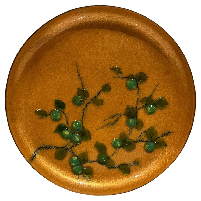 1960s Modernist Copper Enamel Plate Stunning Green Pear on Gold For ...