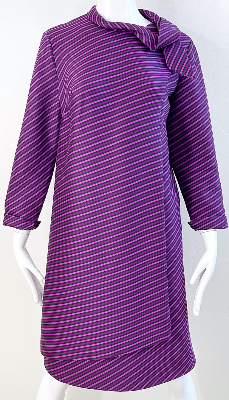 1960s Moe Nathan New York Purple Striped Silk Long Sleeve Vintage 60s ...