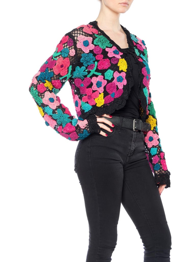 1960S Multicolor Floral Cotton Crochet and Net Cardigan Sweater at 1stDibs