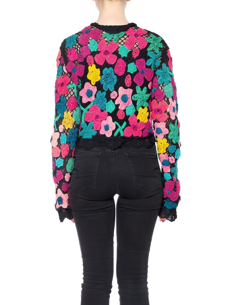 1960S Multicolor Floral Cotton Crochet and Net Cardigan Sweater at 1stDibs