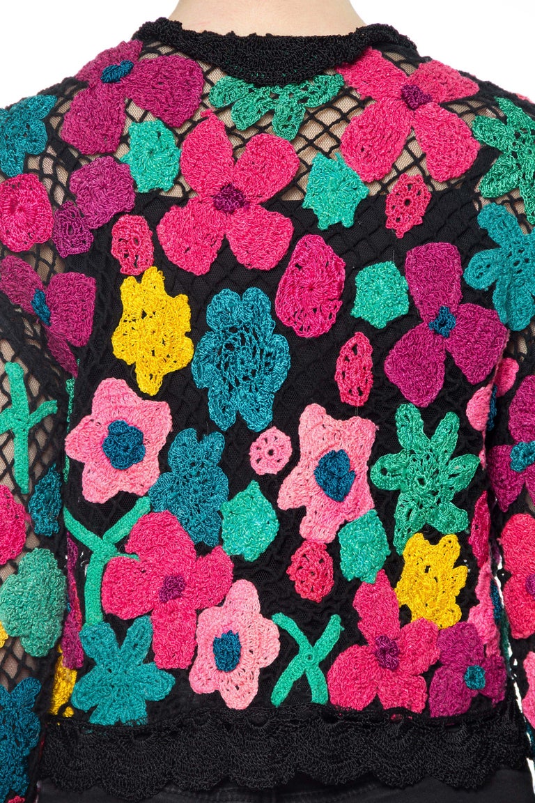 1960S Multicolor Floral Cotton Crochet and Net Cardigan Sweater at 1stDibs