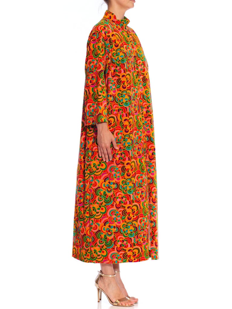 1960S Orange Psychedelic Cotton Velvet Floral Duster For Sale at 1stDibs