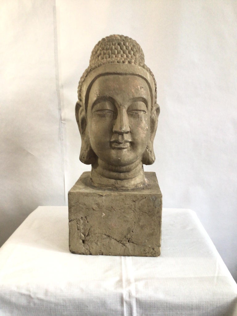 1960's Painted Cast Terracotta Zen Buddha Head Statue With Base For ...