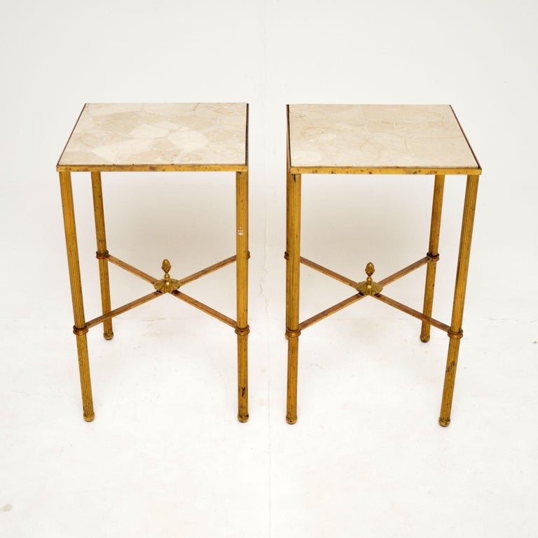 1960's Pair of Vintage French Brass and Marble Side Tables For Sale at 1stDibs