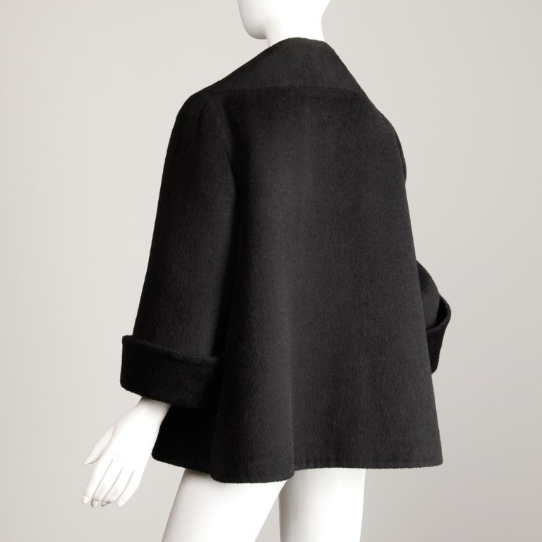 1960s Pauline Trigere Vintage Black Cashmere + Wool Swing Jacket or ...