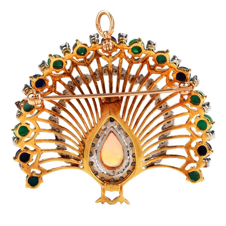 1960s Peacock Diamond Opal Multi-Gem 18 Karat Gold Brooch Pendant ...