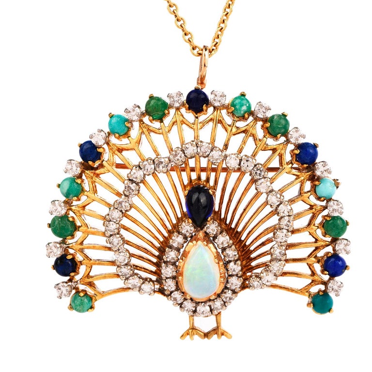 1960s Peacock Diamond Opal Multi-Gem 18 Karat Gold Brooch Pendant ...