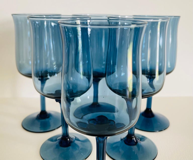 1960s Periwinkle Blue Glass Wine Stems, Set of 6 For Sale at 1stDibs