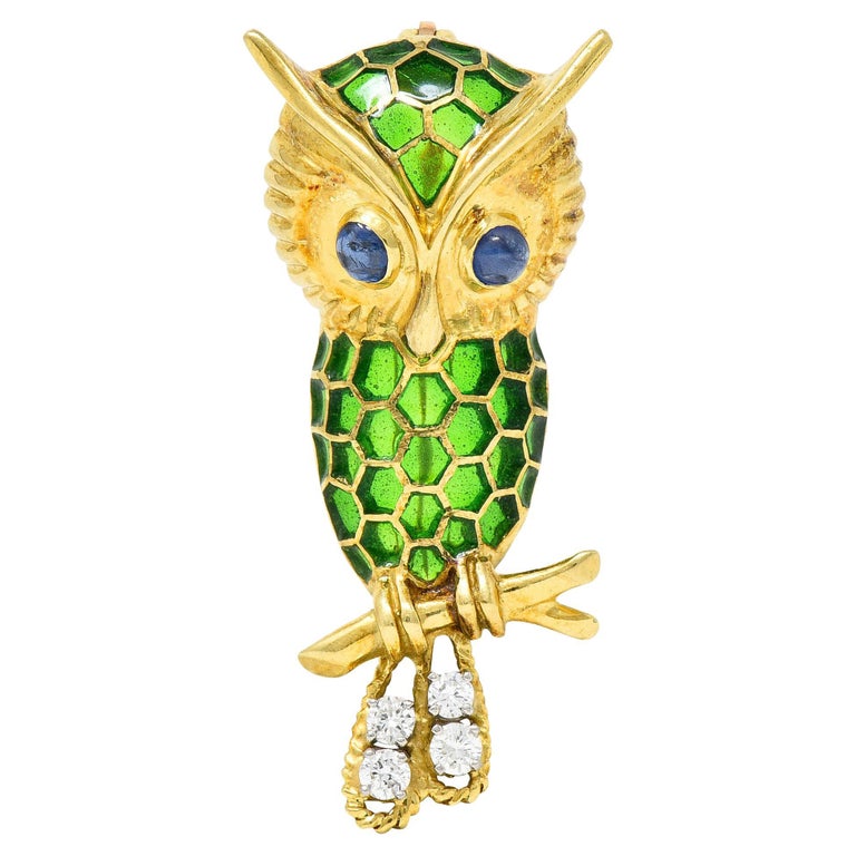 1960's Peter Lindeman Sapphire Diamond Enamel 18 Karat Owl Brooch For ...