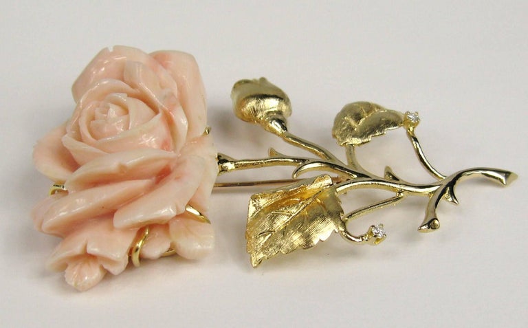 1960s Pink Coral 14 Karat Gold Diamond Rose Brooch Pin For Sale at 1stDibs