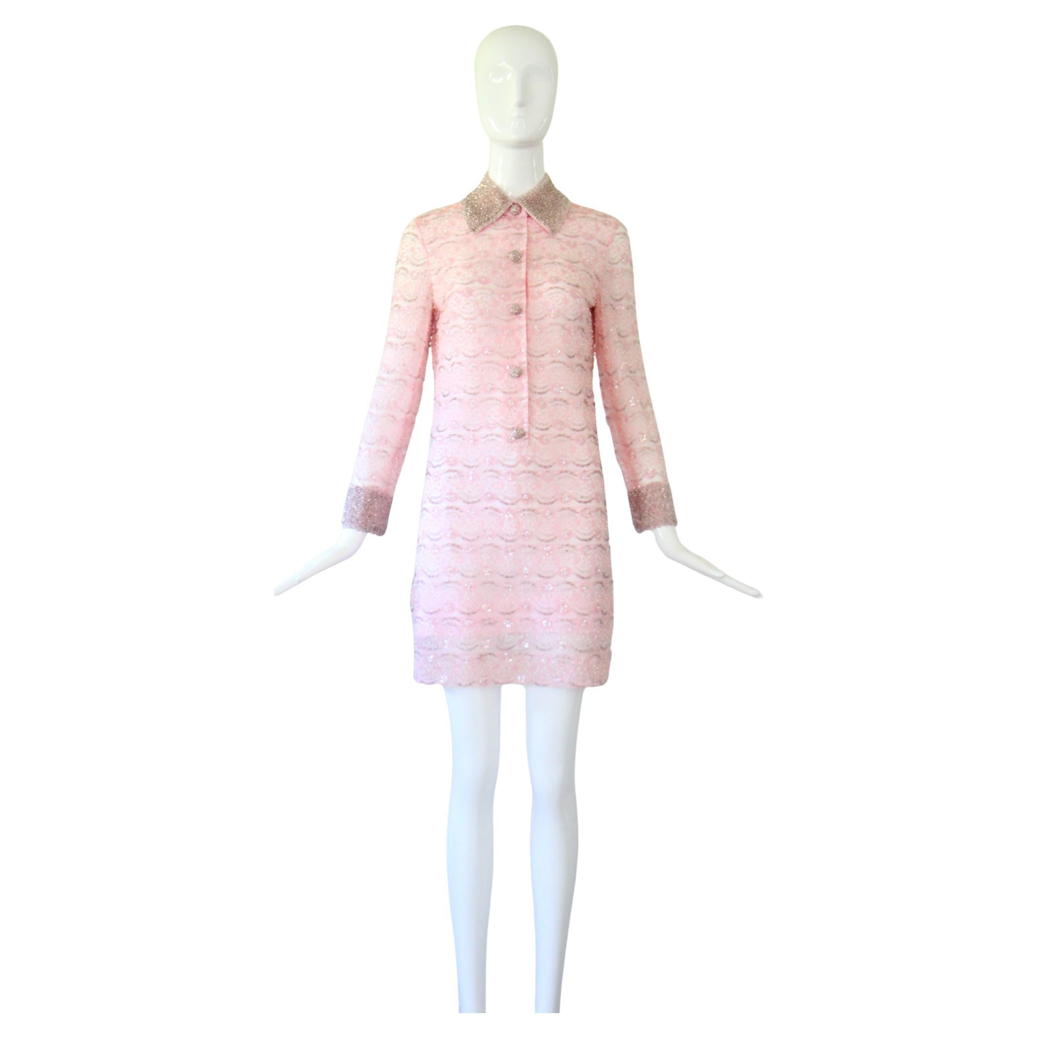 Light Pink Baby Alpaca Knit Mini Dress with Lace Accents For Sale at ...