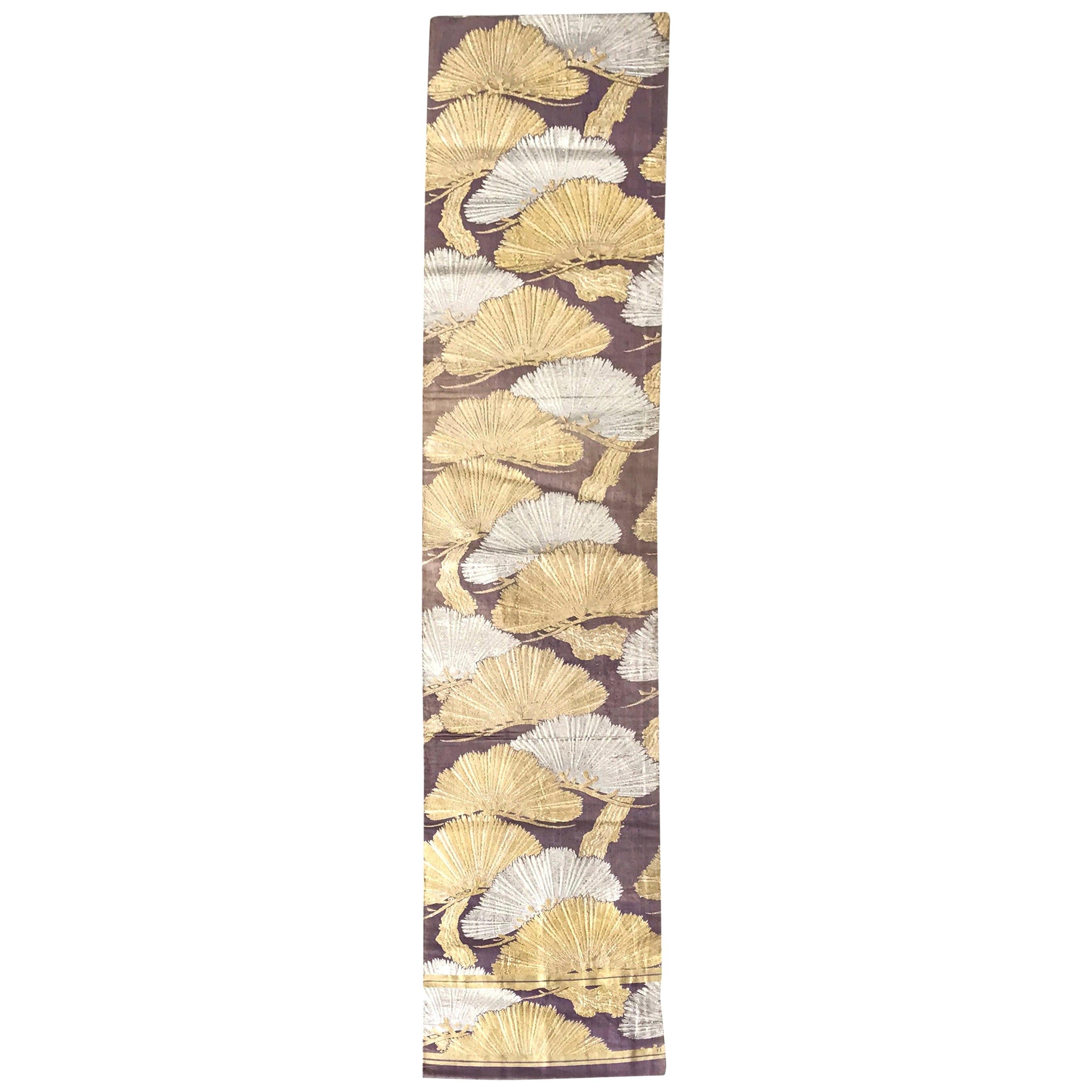 1960s Purple Japanese Obi Table Runner with a Silver and Gold Ginkgo ...