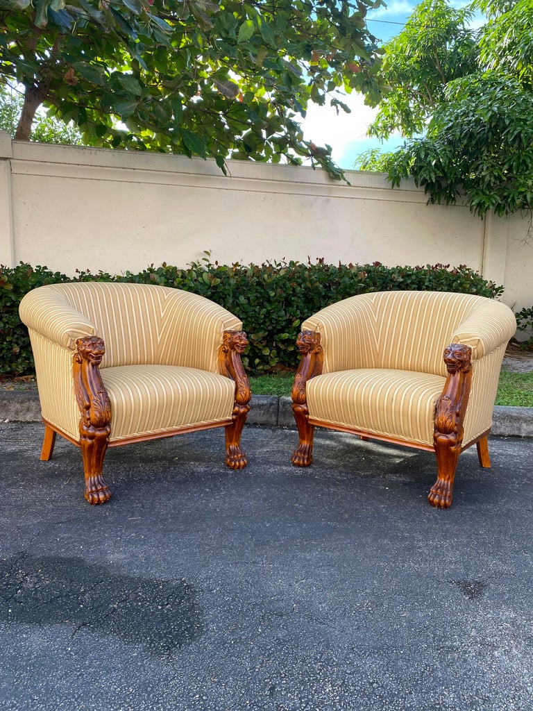 1990s Baker Furniture Sculptural Carved Wood Lion Barrel Tub Chairs ...