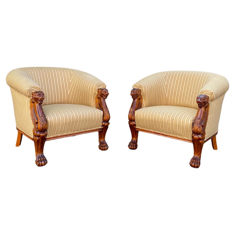 1990s Baker Furniture Sculptural Carved Wood Lion Barrel Tub Chairs ...