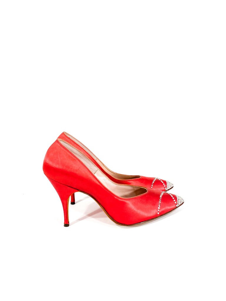 1960s Red Satin Stiletto Heels With Rhinestone Accents For Sale at ...