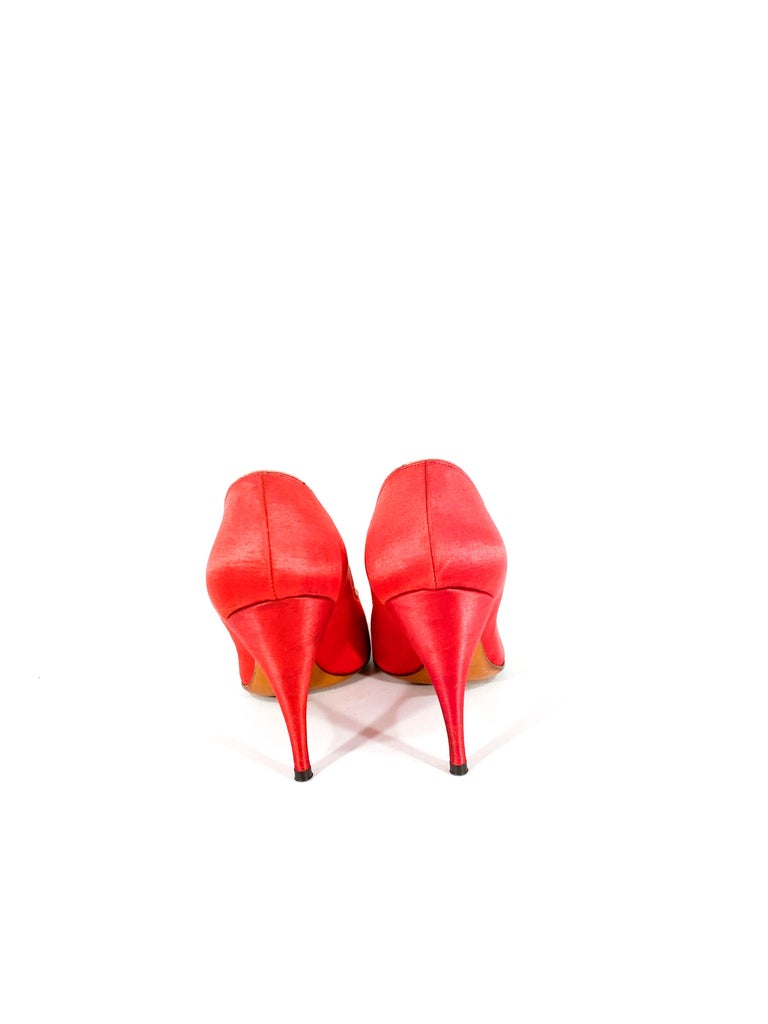 1960s Red Satin Stiletto Heels With Rhinestone Accents For Sale at ...