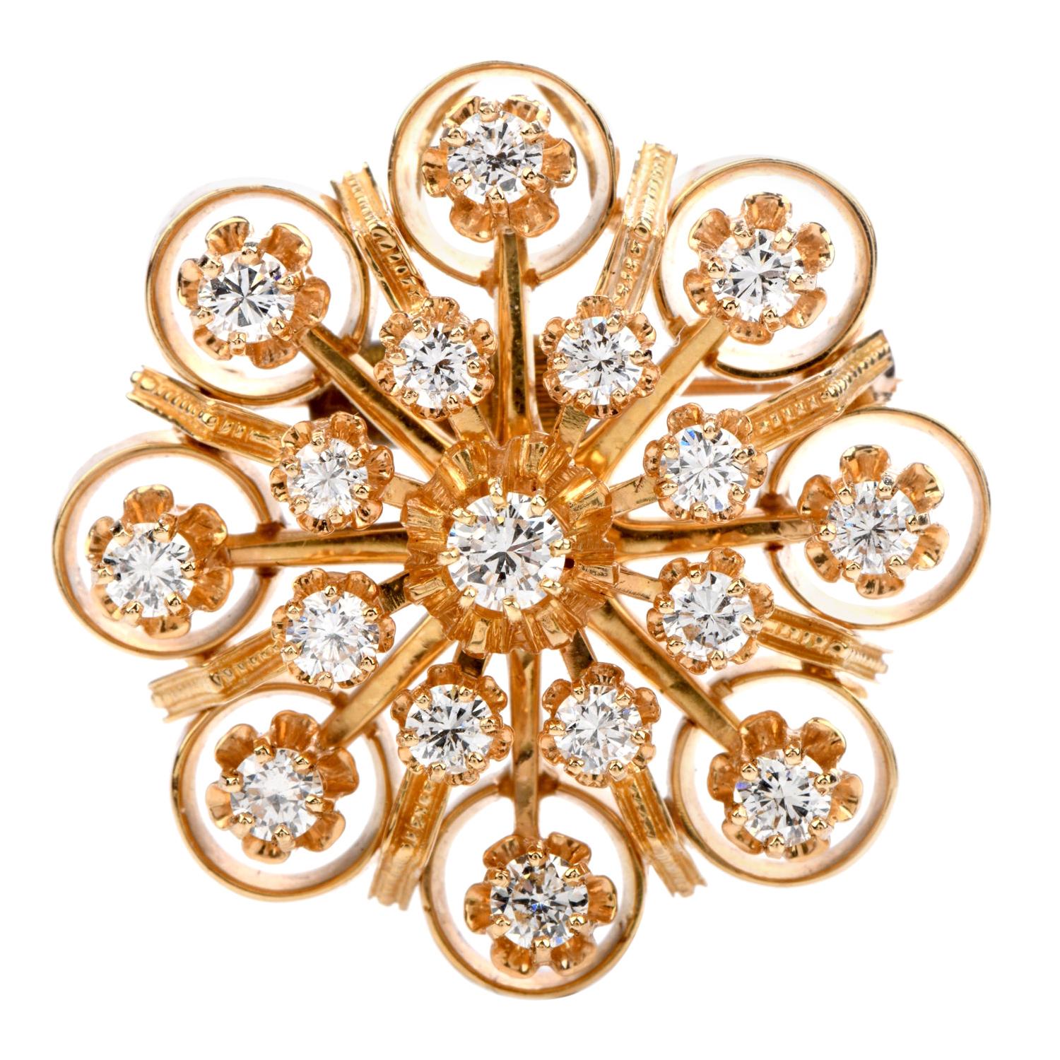 14k Yellow Gold Diamond Flower Pin Brooch / Pendant For Sale at 1stDibs