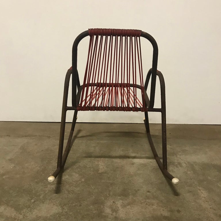 1960s Rocking Chair in Red Plastic Strings on Black Metal Frame For ...