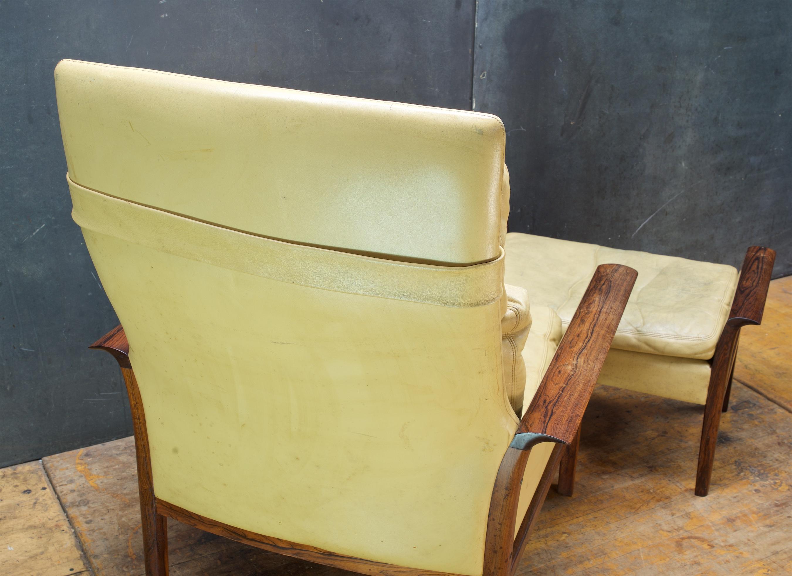 1960s Rosewood Yellow Leather Armchair Ottoman Vintage Midcentury Vatne ...