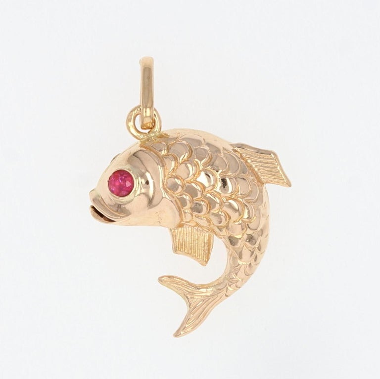 1960s Ruby 18 Karat Rose Gold Fish Charm Pendant For Sale at 1stDibs