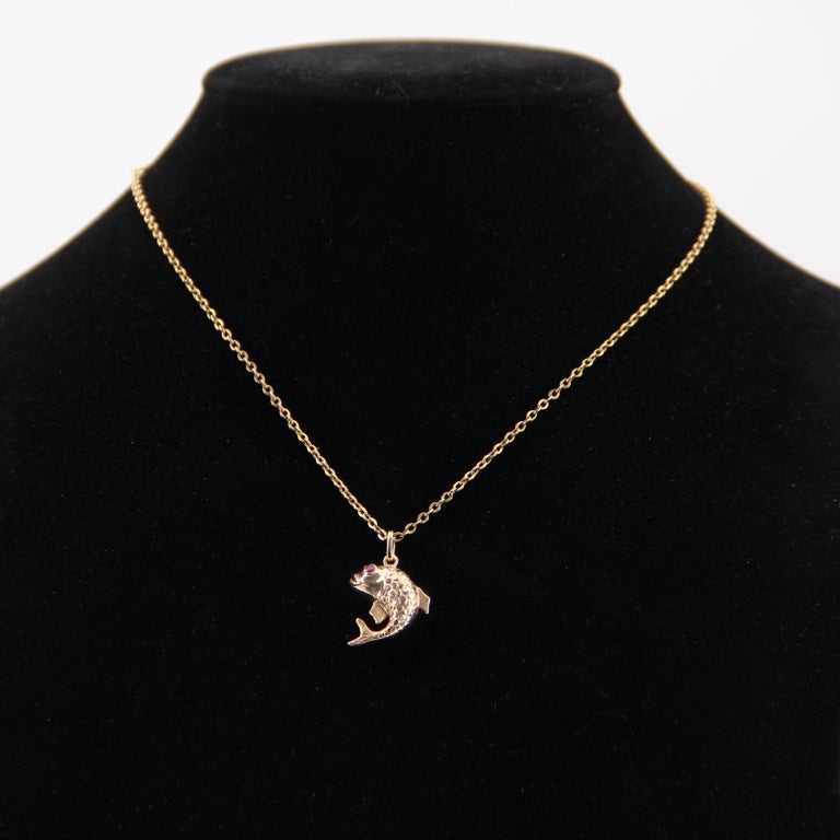 1960s Ruby 18 Karat Rose Gold Fish Charm Pendant For Sale at 1stDibs