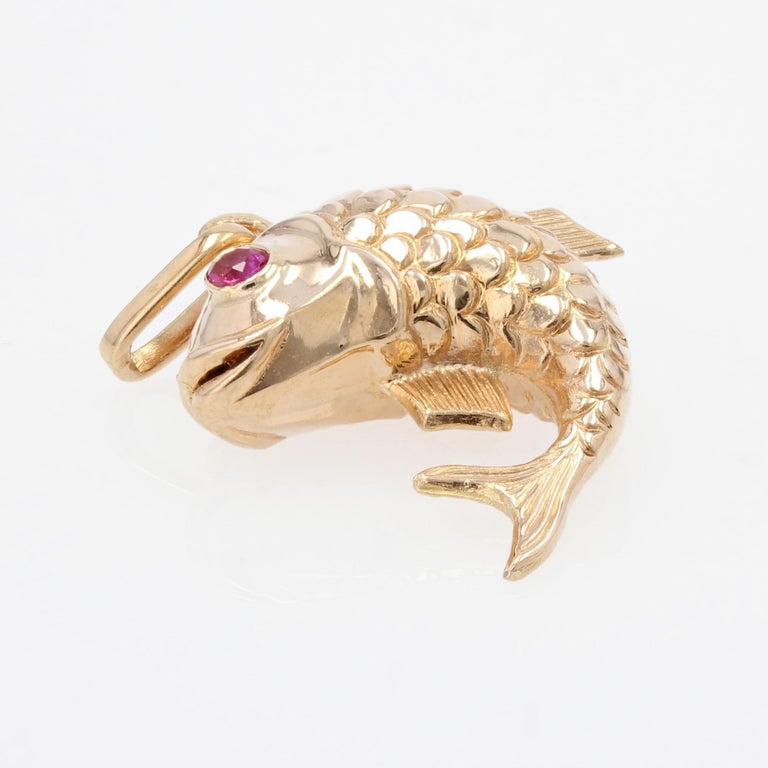 1960s Ruby 18 Karat Rose Gold Fish Charm Pendant For Sale at 1stDibs