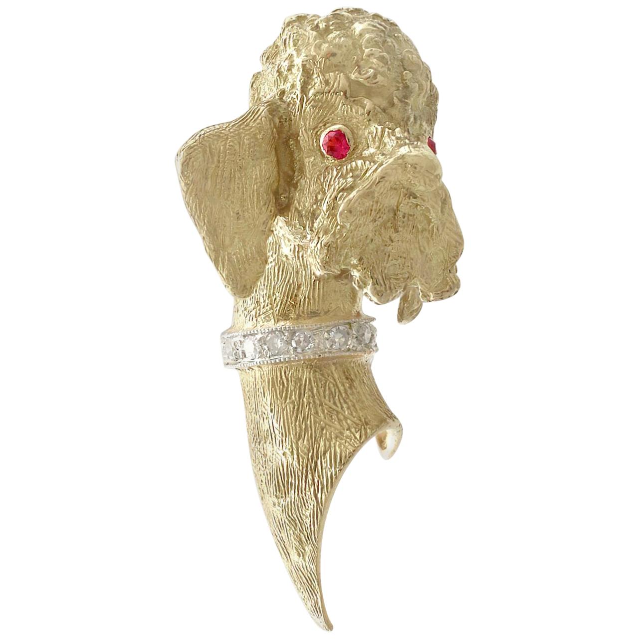 Diamond Ruby 14 Karat Yellow Poodle Dog Brooch For Sale at 1stDibs