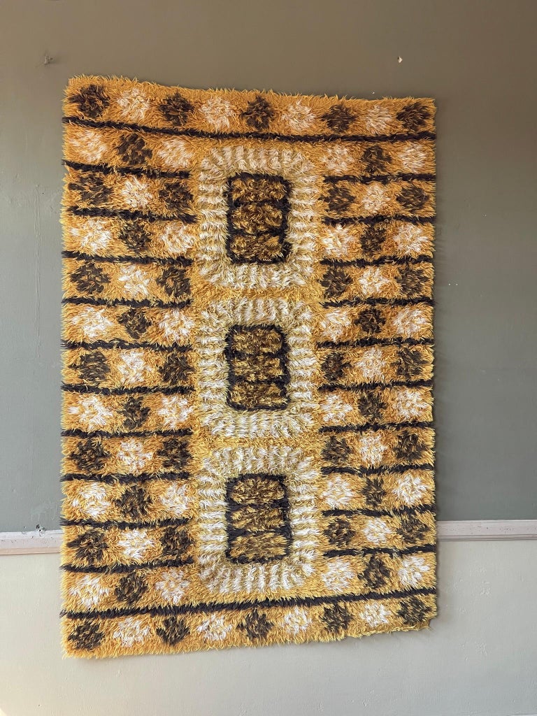 1960s Rya Rug from Sweden in Brown, Yellow and White Tones For Sale at ...