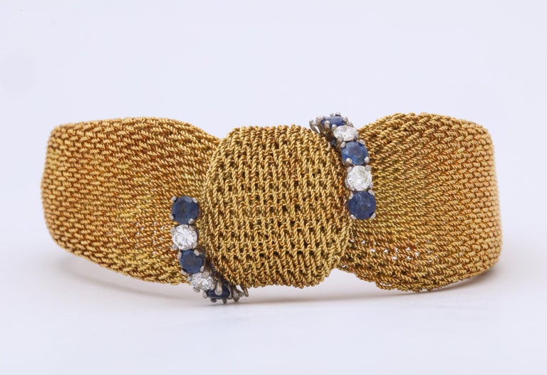 1960s Sapphire and Diamond Modified Bow Design Textured Ridge Gold Mesh ...