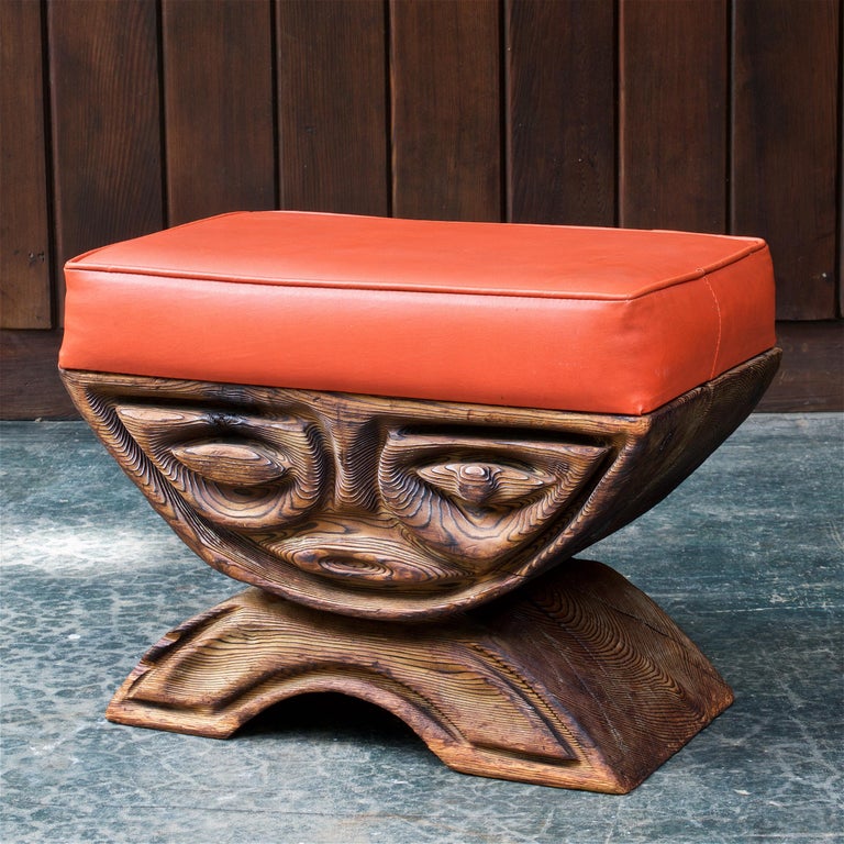 1960s Shou-sugi-ban Stool Polynesian Tiki Jungle Wood Sculpture Orange ...