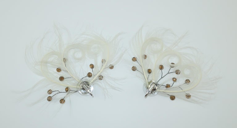 1960's Showgirl Style Feather and Rhinestone Earrings at 1stDibs