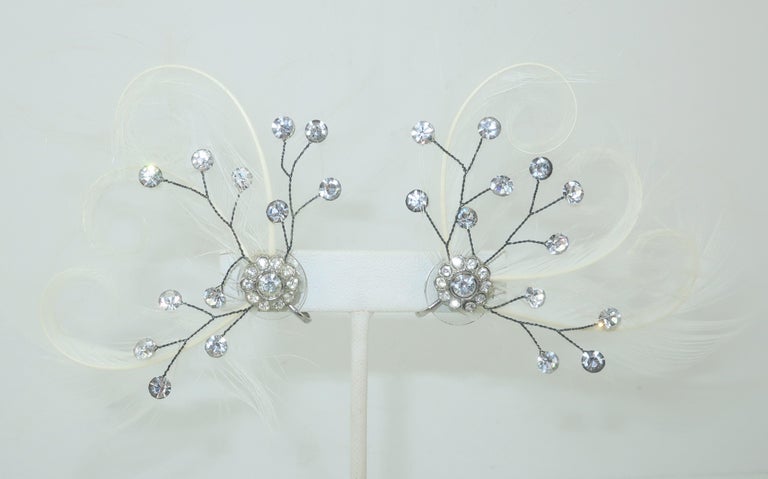 1960's Showgirl Style Feather and Rhinestone Earrings at 1stDibs