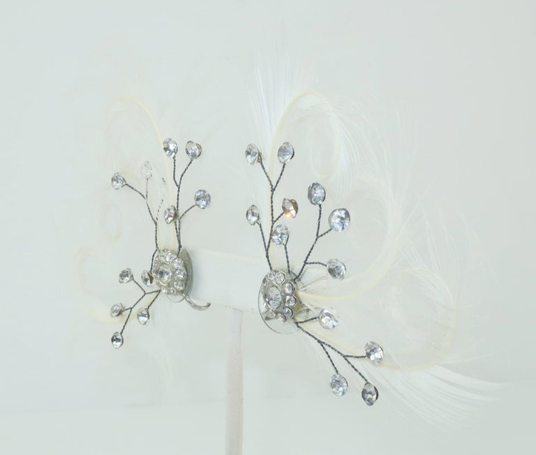 1960's Showgirl Style Feather and Rhinestone Earrings at 1stDibs