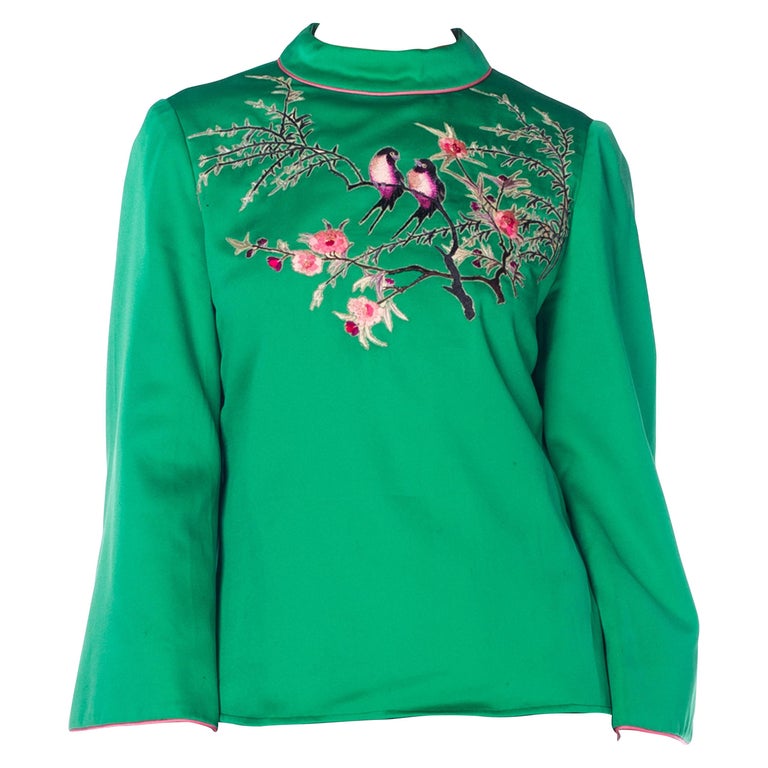 1970S Green Polyester Sateen Top With Hand Embroidered Love Birds And ...