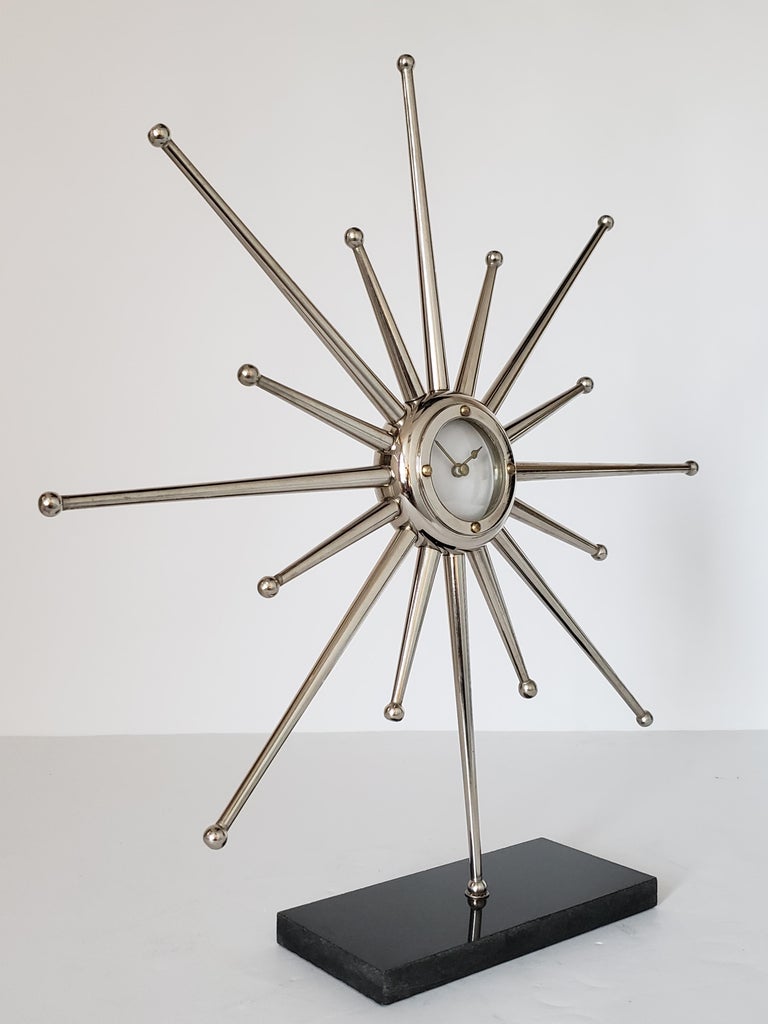 1960s Silver Plated Hand Machined Sunburst Desk Clock, USA at 1stDibs