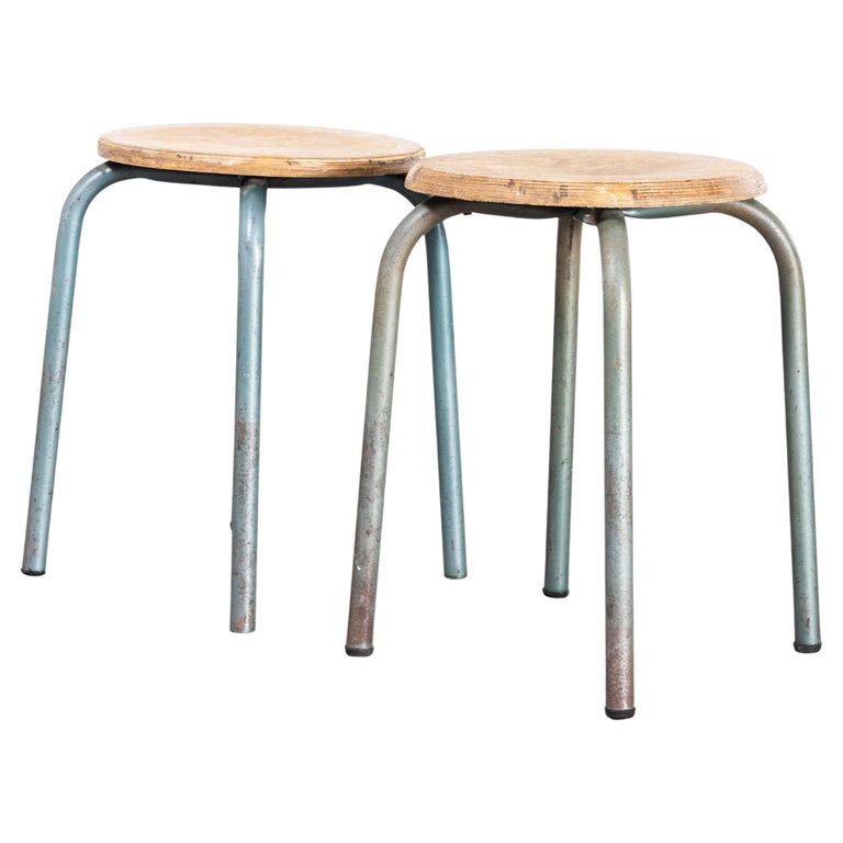 1960s Simple French Stacking School Stools, Aqua, Pair For Sale at 1stDibs