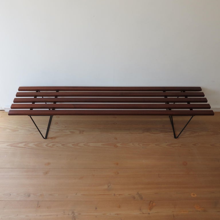 1960s Slatted Iroko Teak Bench in the Style of Hille Interplan at ...