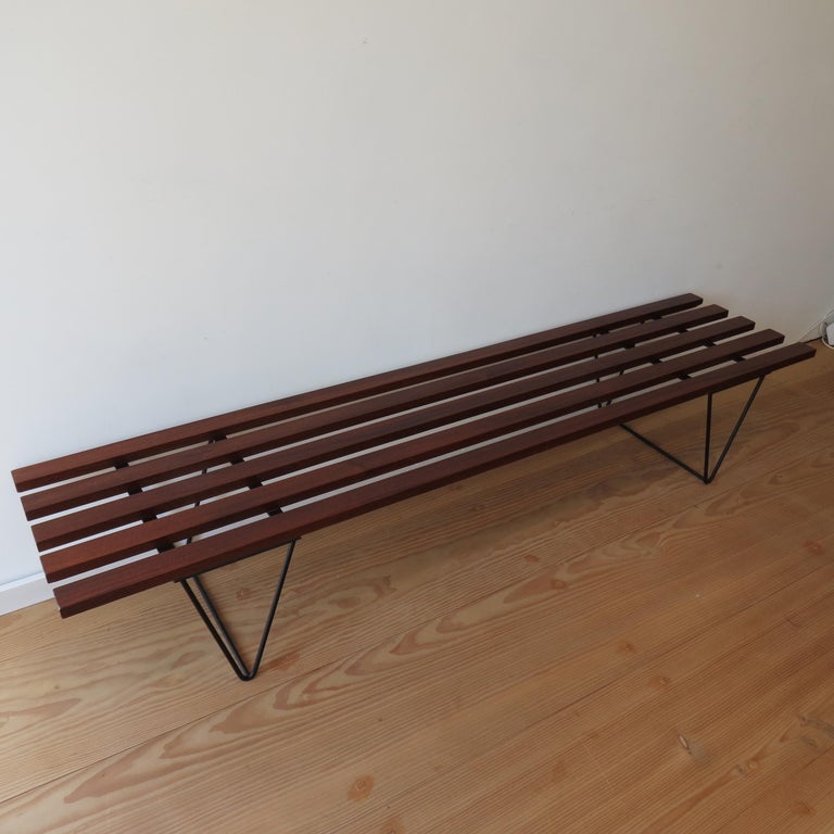 1960s Slatted Iroko Teak Bench in the Style of Hille Interplan at ...