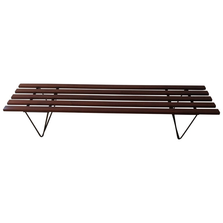 1960s Slatted Iroko Teak Bench in the Style of Hille Interplan at ...