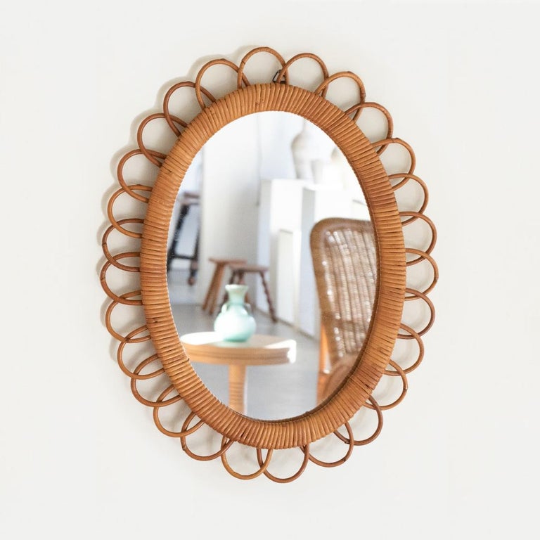1960's Small Italian Oval Rattan Mirror at 1stDibs