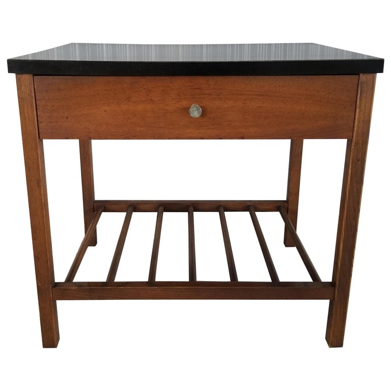 1960s Stanley Walnut and Formica Side Table Brass Pull USA Midcentury ...